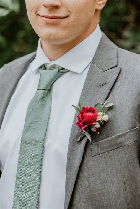 Red Rose Boutonnière With Sage Green Tie And Grey Suit Green Themed Wedding Sage Green Tie