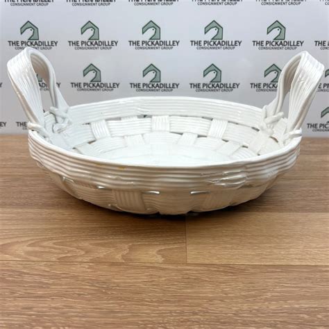 Vintage Italian White Woven Lattice Ceramic Basket Handled Fruit Bowl