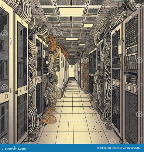 Server Room With Rows Of Network Equipment And Cables Stock Illustration Illustration Of Wires