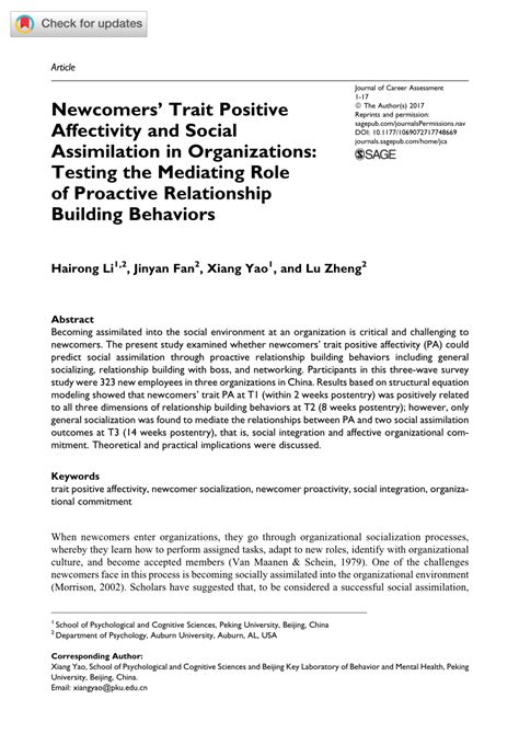 Pdf Newcomers Trait Positive Affectivity And Social Assimilation In