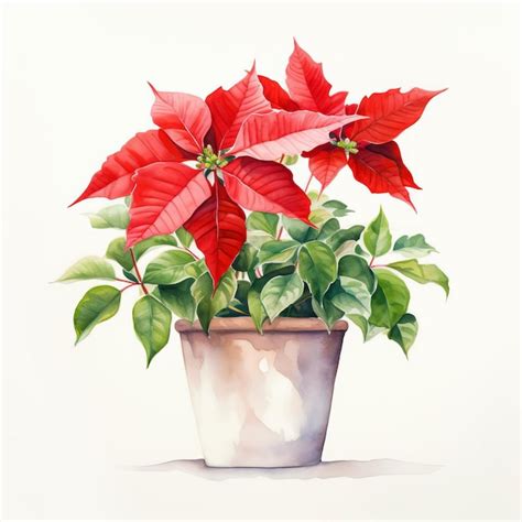 Realistic Watercolor Illustration Of Poinsettia Flower In Ceramic Pot