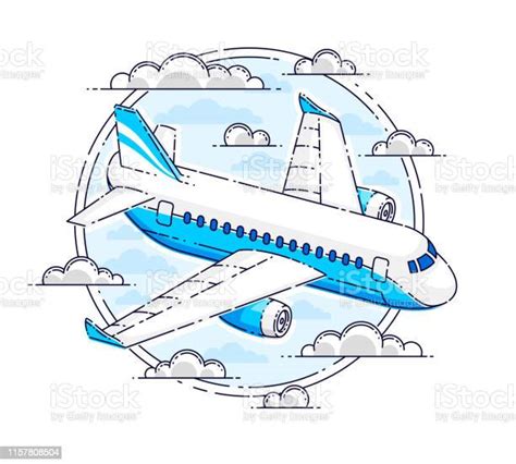 둥근 모양 항공사 항공 여행 엠블럼 또는 그림과 비행기 여객기 흰색 배경 위에 격리 된 아름다운 얇은 선 벡터입니다 3차원 형태에 대한 스톡 벡터 아트 및 기타 이미지