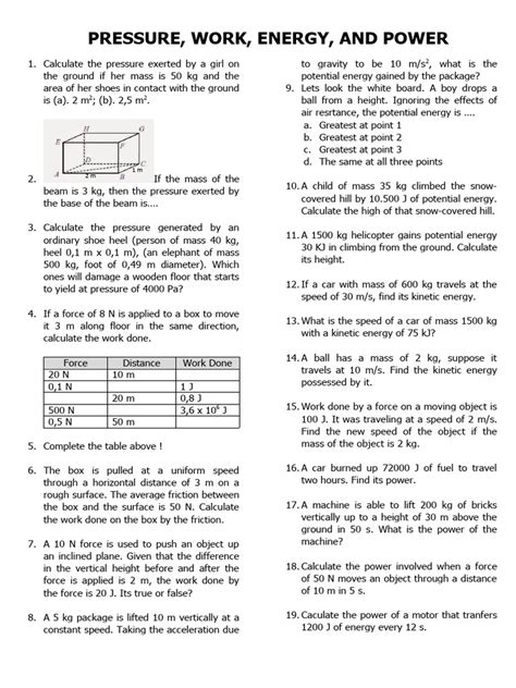 Exercise Pressure Work Energy And Power Pdf Force Physical Sciences