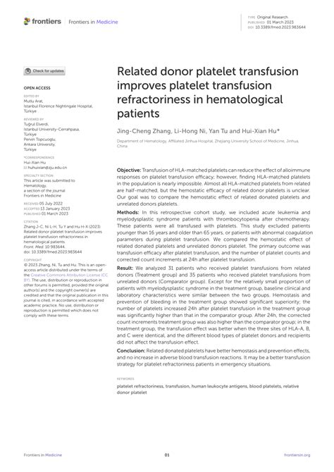 Pdf Related Donor Platelet Transfusion Improves Platelet Transfusion Refractoriness In