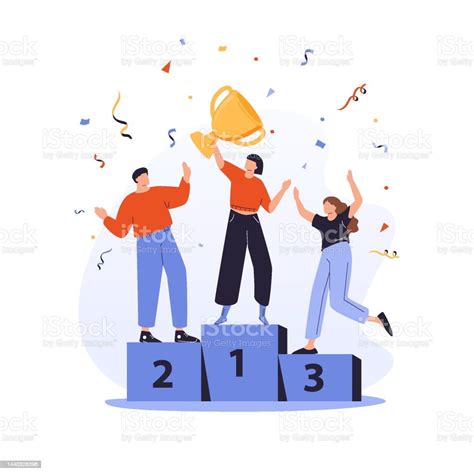 연단에 서있는 사람들은 처음 3 위를 차지하고 트로피 캡으로 공중에 뛰어 오릅니다 직원 표창 꼭대기에 대한 스톡 벡터 아트 및 기타 이미지 Istock