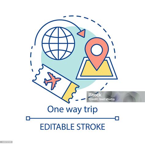 편도 여행 개념 아이콘입니다 여행 휴가 관광 아이디어 얇은 라인 일러스트 단일 티켓 출발지 목적지 항공권 예약 벡터 절연 윤곽선 도면 편집 가능한 스트로크 1에 대한 스톡