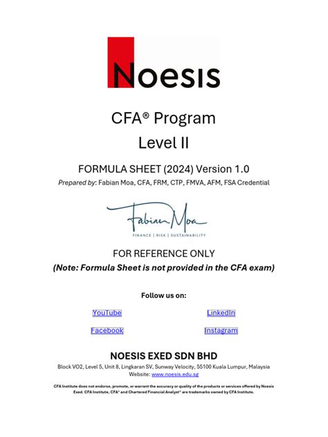 Noesis Cfa Level 2 Formula Sheet 2024 Pdf Errors And Residuals