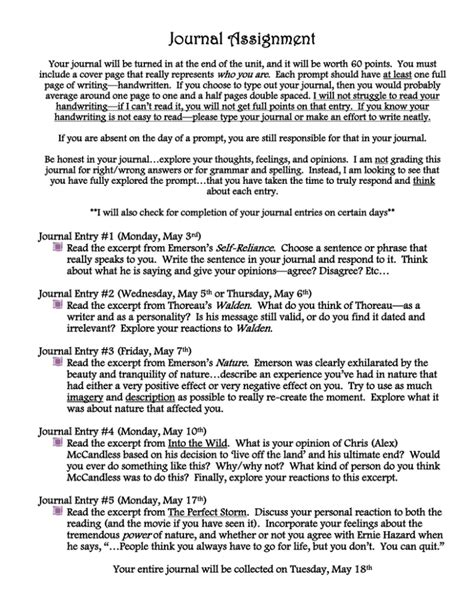 Journal Assignment Emerson Thoreau Into The Wild Journal Assignment Emerson Thoreau Into The Wild