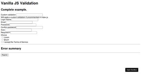 Vanilla Validate Codesandbox
