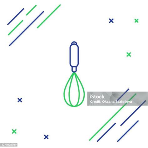 파란색과 녹색 라인 부엌 거품기 아이콘 흰색 배경에 격리 조리 기구 계란 비터 칼 붙이 기호 음식 믹스 기호 다채로운 개요 개념 벡터 일러스트레이션 강철에 대한 스톡 벡터