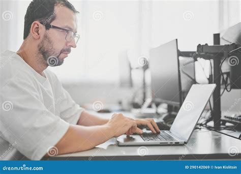 Portrait Professional Man Programmer Working Concentrated On Computer