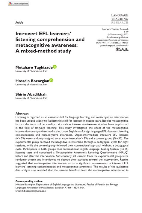 Pdf Introvert Efl Learners Listening Comprehension And Metacognitive Awareness A Mixed