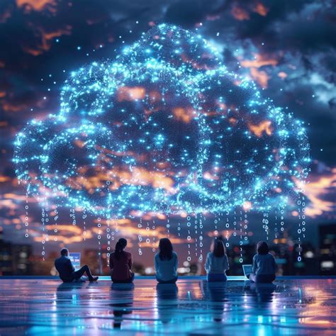 Group Observing Futuristic Binary Cloud Premium Ai Generated Image