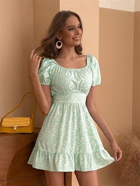 Ditsy Floral Puff Sleeve Ruffle Hem Dress Ruffle Hem Dress Ditsy