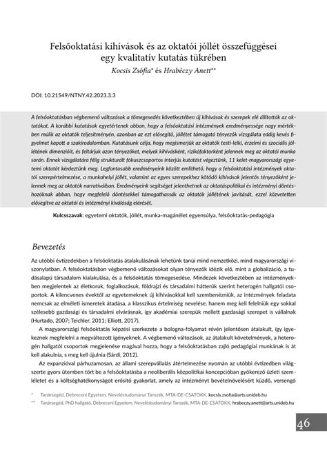 Pdf Felsőoktatási Kihívások és Az Oktatói Jóllét összefüggései Egy Kvalitatív Kutatás Tükrében