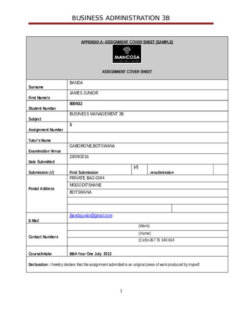 Doc Appendix A Assignment Cover Sheet Sample Gaboronebotswana