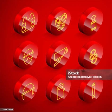 세트 라인 방탄 조끼 방탄 조끼 방탄 조끼 방수 마스크 손 수류탄 특수 부대 군인 보안 카메라 수갑 군사 헬멧과 경찰 폭행 방패 아이콘 벡터 3차원 형태에 대한 스톡 벡터