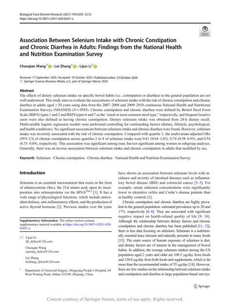 Association Between Selenium Intake With Chronic Constipation And