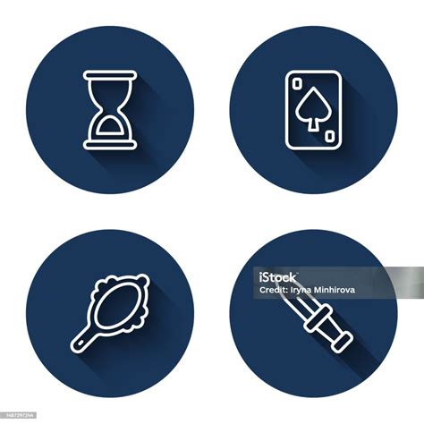 세트 라인 오래된 모래 시계 카드 놀이 매직 손 거울 및 긴 그림자가있는 단검 파란색 원 버튼입니다 벡터 개인 장식품에 대한 스톡 벡터 아트 및 기타 이미지 Istock