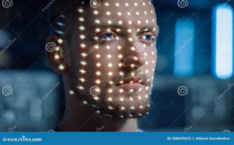 Handsome Young Caucasian Man Is Identified By Biometric Facial Recognition Scanning Process
