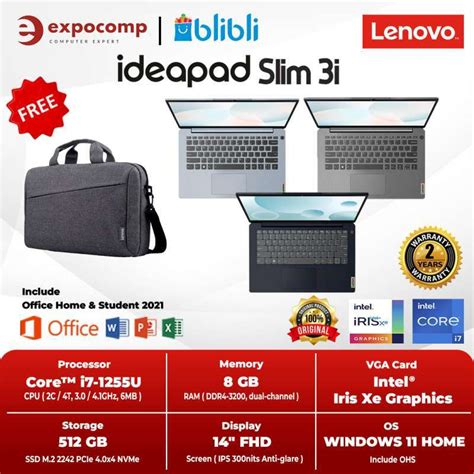 Jual LENOVO IDEAPAD SLIM 3i 14IAU7 CORE I7 1255U 8GB 512GB W11 OHS MISTY BLUE Di Seller