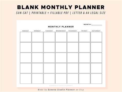Blank Minimalistic Monthly Planner Printable Landscape Schedule