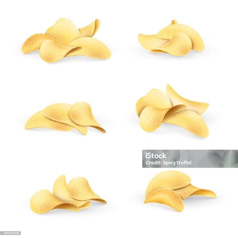 감자칩 스낵 더미 패스트 푸드 3d 접시 크리스프 슬라이스 식사 광고 뚱뚱한 건강에 해로운 전채 튀김과 매운 상처 볶은 야채 조각 세트 벡터 사실적인 그림 3차원 형태에