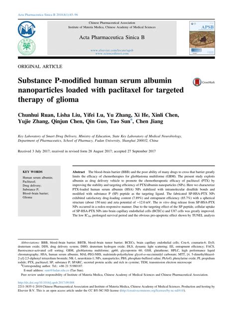 Pdf Substance P Modified Human Serum Albumin Nanoparticles Loaded