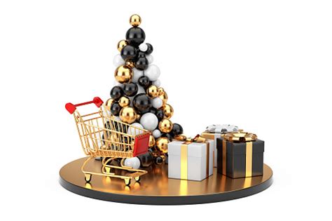 새해 쇼핑 컨셉 크리스마스 트리 모양의 황금 공 골드 쇼핑 카트와 선물 상자 3d 렌더링 0명에 대한 스톡 사진 및 기타 이미지 Istock