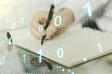 Premium Photo Creative Abstract Binary Code Sketch And Man Hand Writing In Notepad On