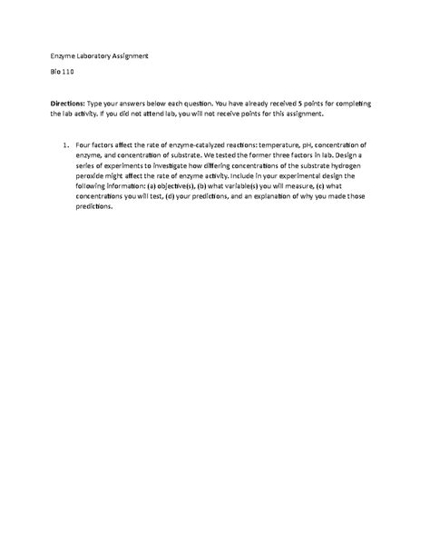 Enzyme Laboratory Assignment You Have Already Received 5 Points For