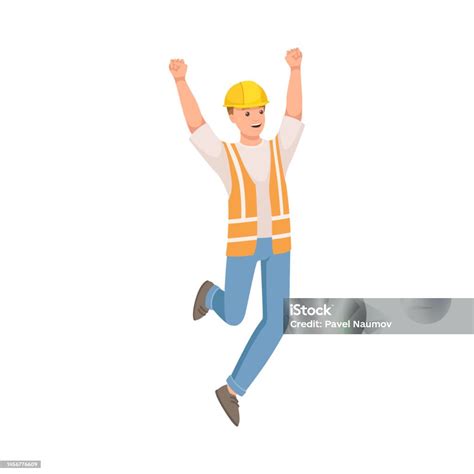 하드 모자를 쓴 남자 빌더 캐릭터와 기쁨 벡터 일러스트레이션으로 점프하는 경고 건설 현장에 대한 스톡 벡터 아트 및 기타 이미지 건설 현장 건설업자 공사장 감독