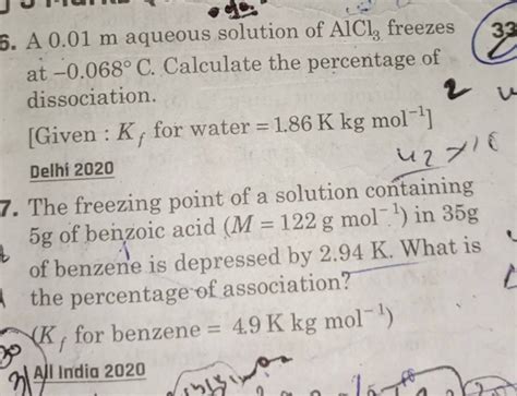 A 0 01 Mathrm{~m} Aqueous Solution Of Mathrm{alcl} {3} Freezes At 0 06