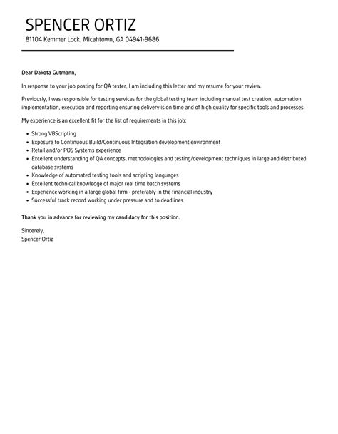 QA Tester Cover Letter Velvet Jobs