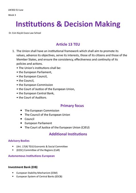 Week 2 Institutions And Decision Making Lw302 Eu Law Lw302 Eu Law