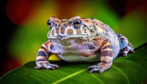 Yellow Harlequin Toad On Leave Full Body View Blurry Leaf S Background