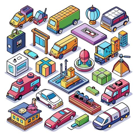 A Colorful Isometric Illustration Of Various Vehicles Buildings And Objects Premium Ai