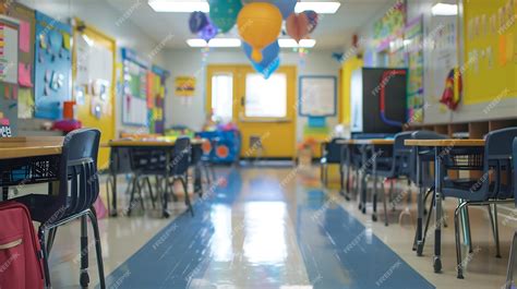 Looking Down The Empty Aisle Of A Classroom The Walls Are Decorated