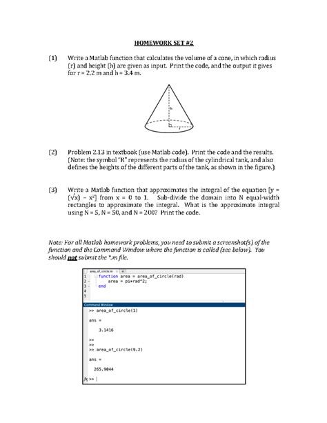 Hw 2 Problems Homework Set 1 Write A Matlab Function That Calculates The Volume Of A Cone