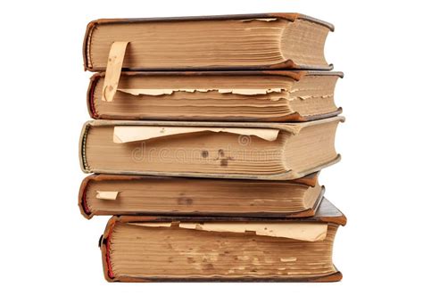 Stack Of Old Worn Books With Yellowed Pages And Frayed Edges Stock