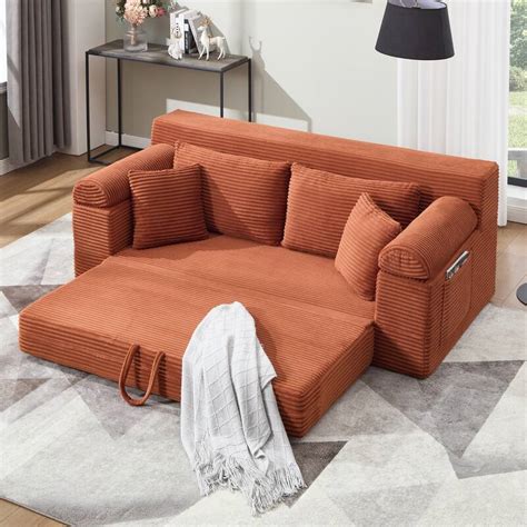 78 W Convertible Sleeper Sofa Bed Corduroy Loveseat With Pillows On