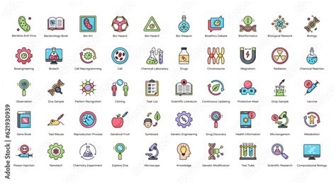 Bioengineering Color Line Icons Biology Cell Chromosome Icon Set In Filled Outline Style 50