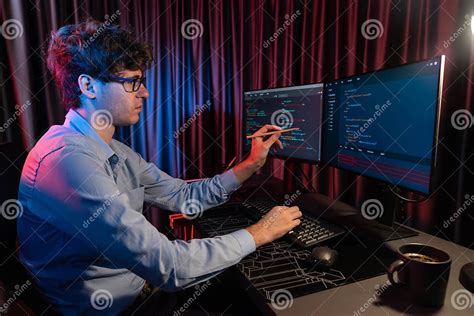 It Developer Pointing Online Software Information Coding On Pc Screen Gusher Stock Image