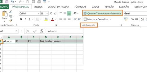 Informática para Professores e Alunos Excel Quebrar texto