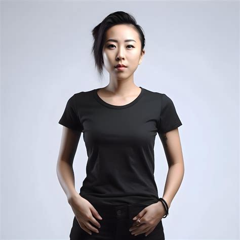 Portrait Dune Belle Femme Asiatique Avec Un T Shirt Noir Sur Fond Gris