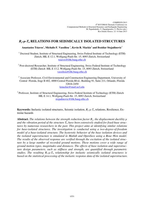 Pdf Ry μ Τn Relations For Seismically Isolated Structures