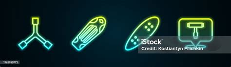 세트 라인 스케이트 보드 Y 도구 갑판 롱 보드 또는 스케이트 보드와 T 빛나는 네온 아이콘 벡터 개인 장식품에 대한 스톡 벡터