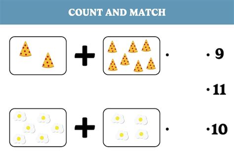 숫자를 세고 짝을 맞추는 어린이를 위한 교육용 수학 게임 미취학 아동을 위한 인쇄 가능한 워크시트 디자인 프리미엄 벡터