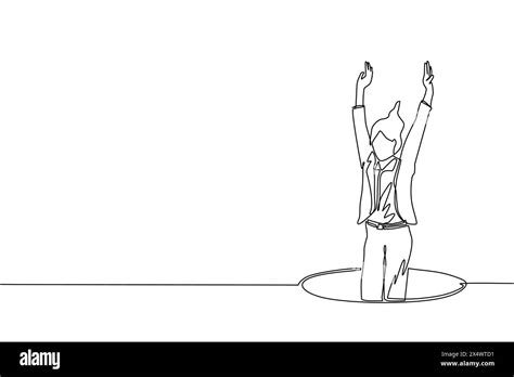 Single One Line Drawing Businesswoman Fell Into Manhole Underground Sewer Woman Fell Sewer