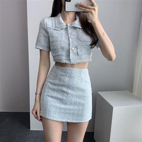 하늘색 크롭 미니 트위드 셋업 자켓스커트 헬로마켓